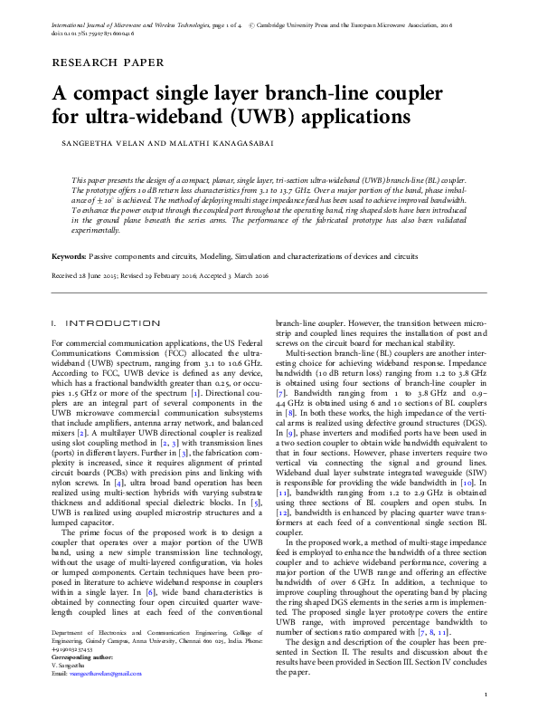 (PDF) A compact single layer branch-line coupler for ultra-wideband ...