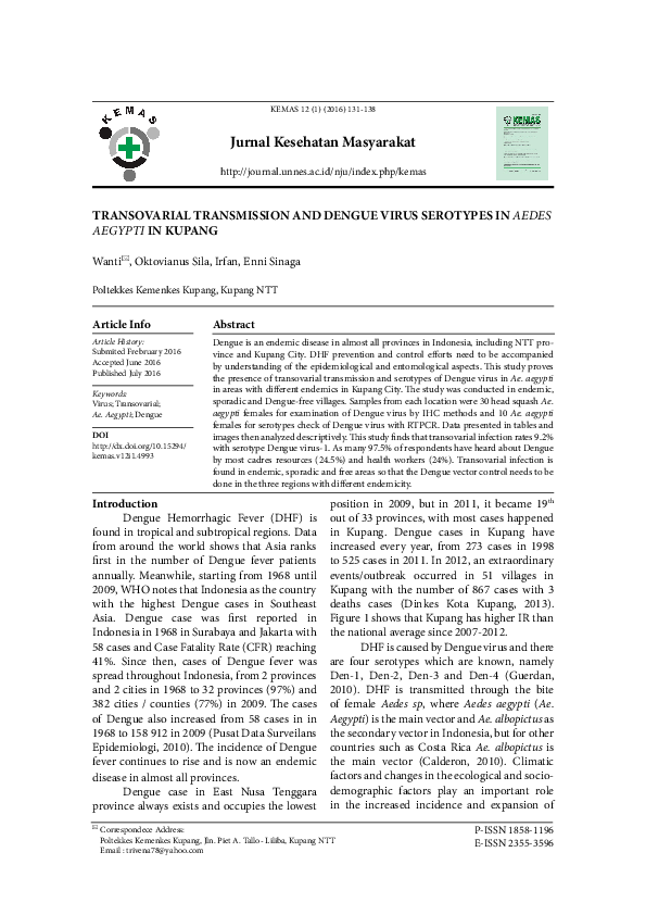 (PDF) Transovarial Transmission and Dengue Virus Serotypes in Aedes ...