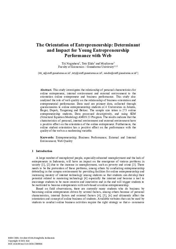 (PDF) The Orientation of Entrepreneurship : Determinant And Impact For Young Entrepreneurship ...
