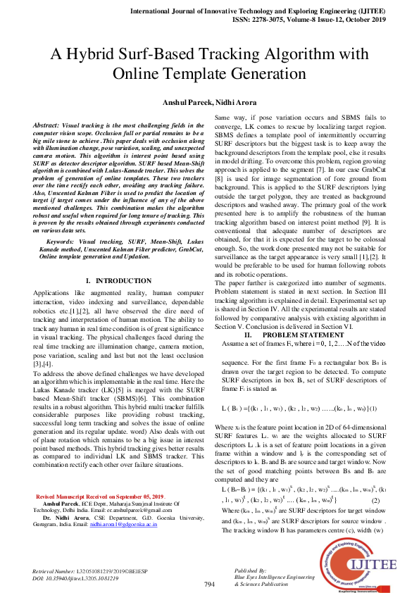 Pdf A Hybrid Surf Based Tracking Algorithm With Online Template Generation Anshul Pareek