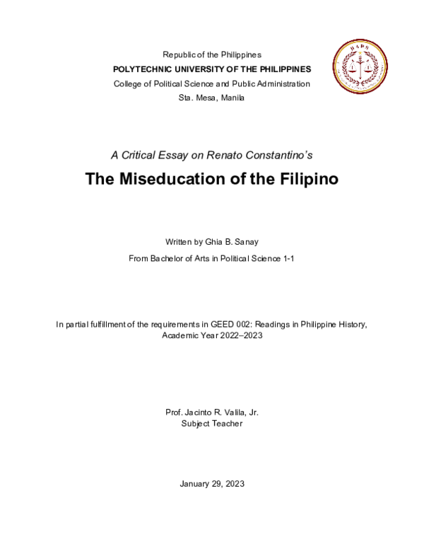 (DOC) A Critical Essay on Renato Constantino’s "The Miseducation of the Filipino" - Written by ...