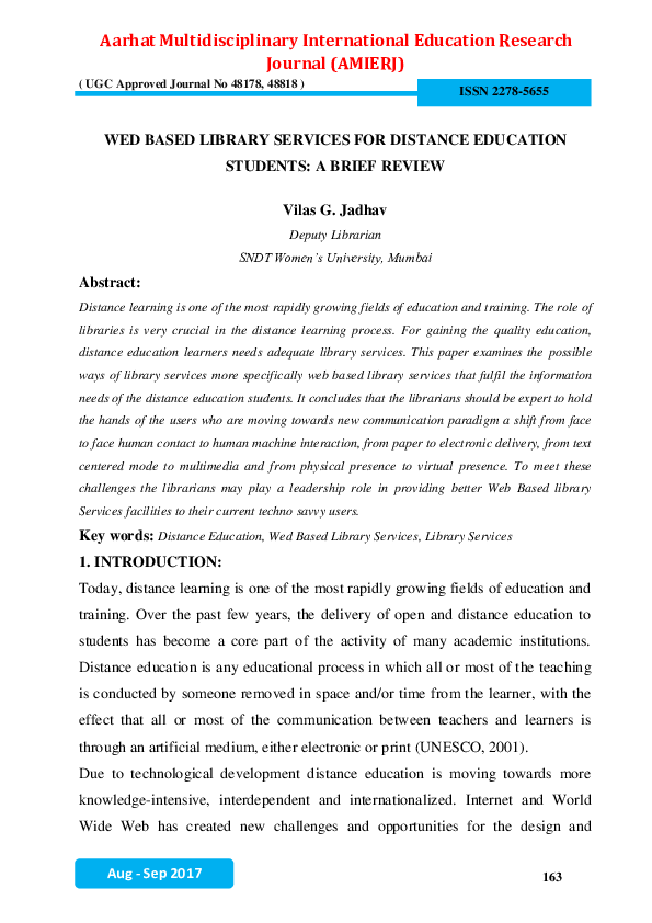 (PDF) Wed Based Library Services for Distance Education Students: A Brief Review