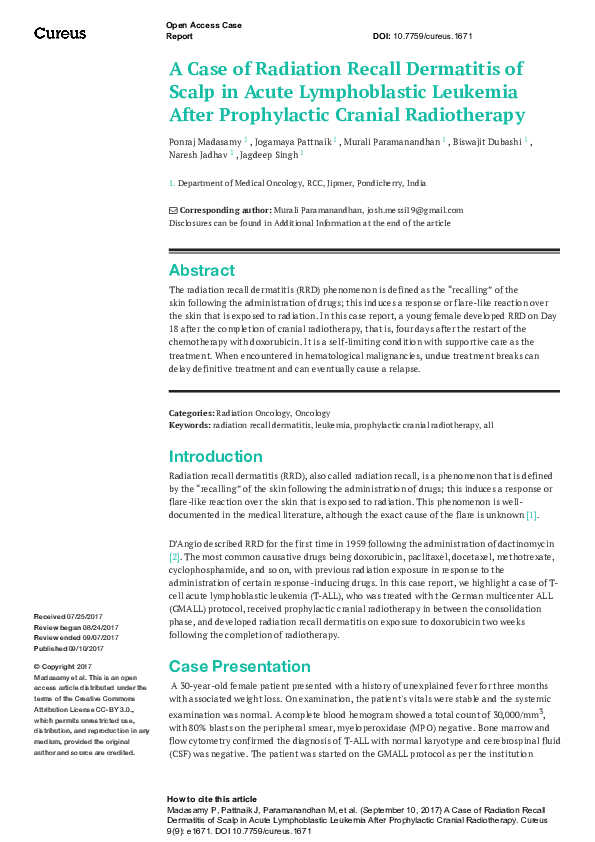 (PDF) A Case of Radiation Recall Dermatitis of Scalp in Acute ...