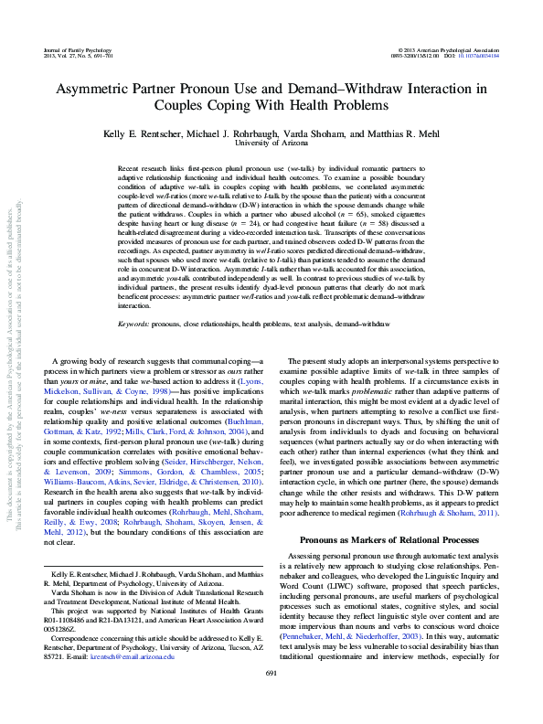 (PDF) Asymmetric partner pronoun use and demand–withdraw interaction in ...