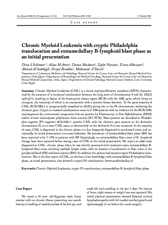 (PDF) Chronic Myeloid Leukemia with cryptic Philadelphia translocation and extramedullary B ...