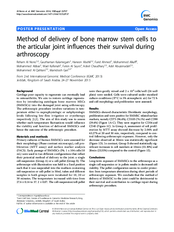 (PDF) Method of delivery of bone marrow stem cells to the articular ...