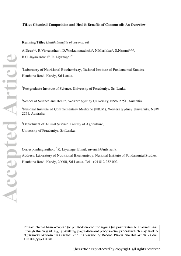 (PDF) Chemical composition and health benefits of coconut oil: an overview