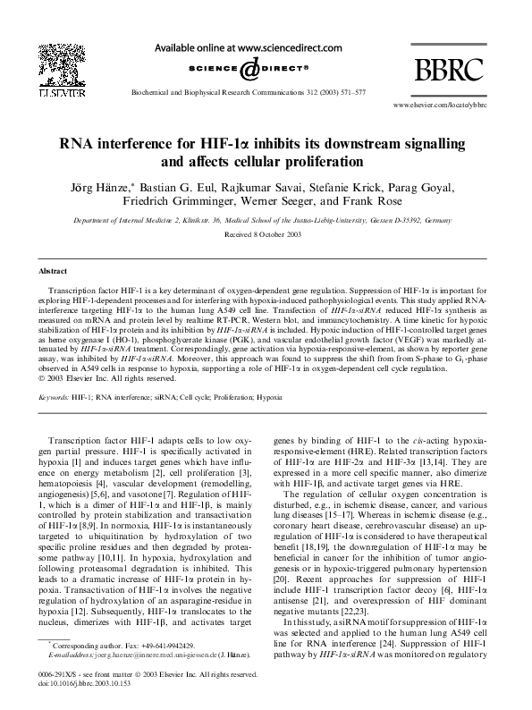 (PDF) RNA interference for HIF-1α inhibits its downstream signalling and affects cellular ...