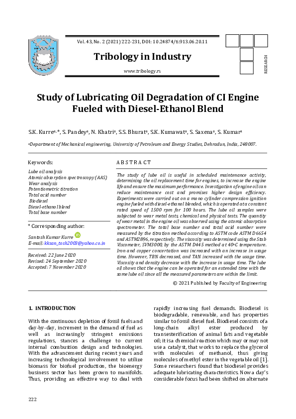 (PDF) Study of Lubricating Oil Degradation of CI Engine Fueled with ...