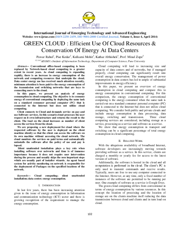 Pdf Green Cloud Efficient Use Of Cloud Resources And Conservation Of Energy At Data Centers