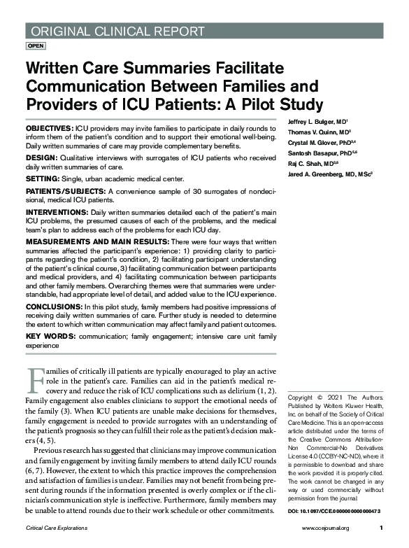 (PDF) Written Care Summaries Facilitate Communication Between Families ...