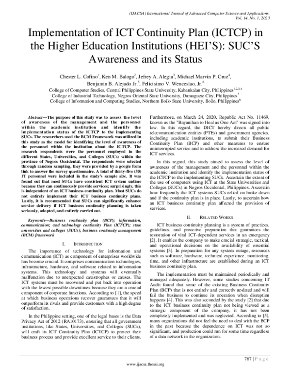 (PDF) Implementation of ICT Continuity Plan (ICTCP) in the Higher ...