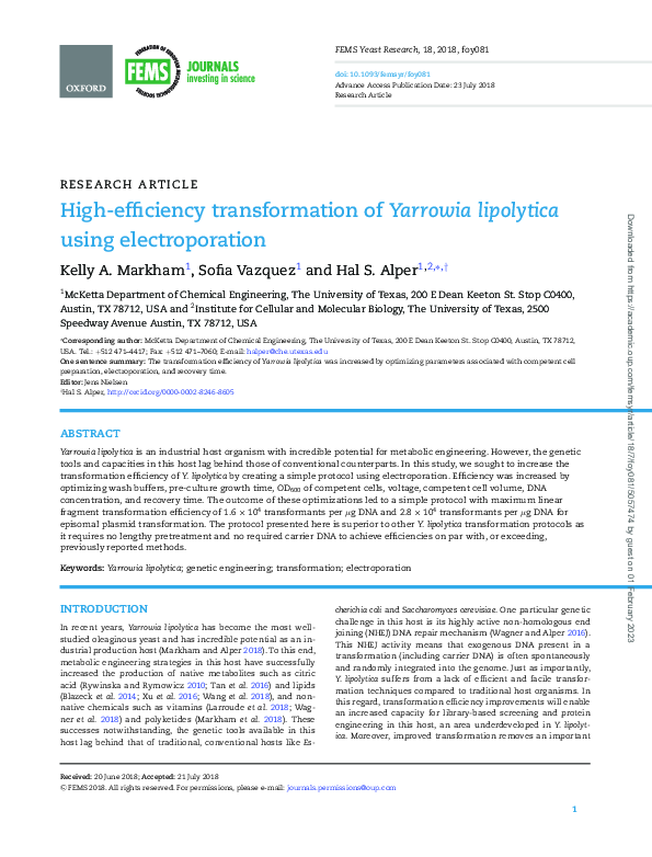 (PDF) High-efficiency transformation of Yarrowia lipolytica using ...