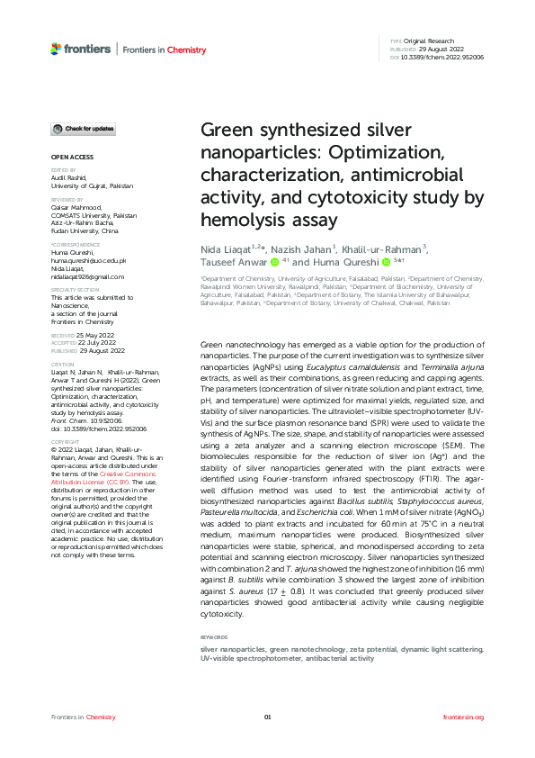 (PDF) Green synthesized silver nanoparticles: Optimization, characterization, antimicrobial ...