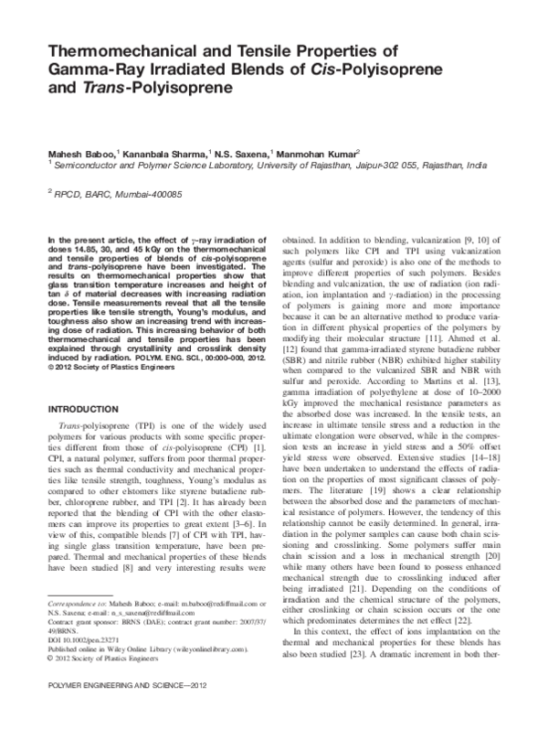 (PDF) Thermomechanical and tensile properties of gamma-ray irradiated ...