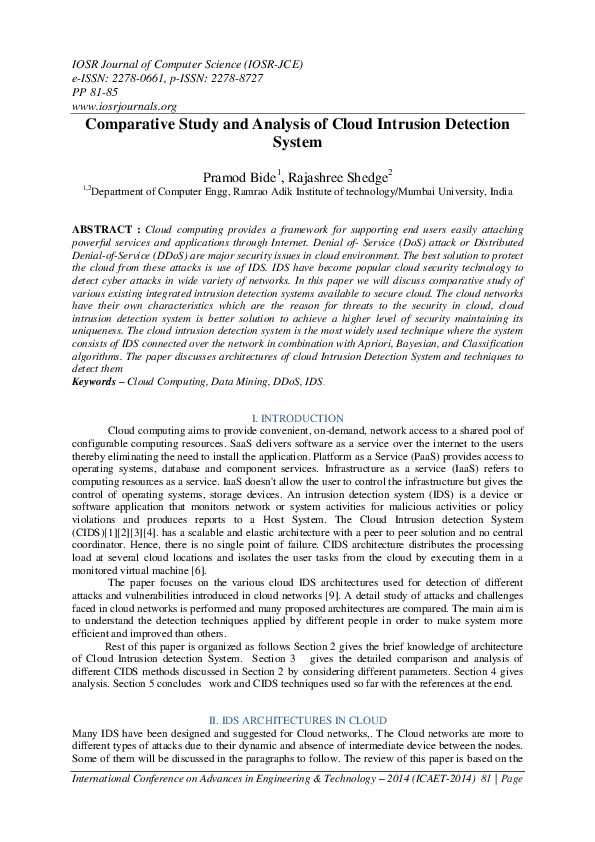 (PDF) Comparative Study and Analysis of Cloud Intrusion Detection System