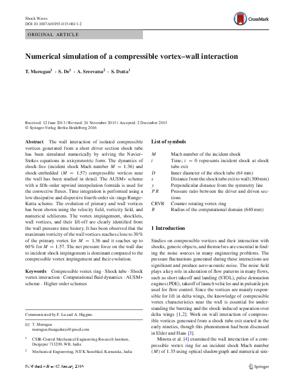 (PDF) Numerical simulation of a compressible vortex–wall interaction