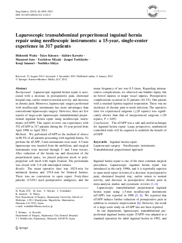 (PDF) Laparoscopic transabdominal preperitoneal inguinal hernia repair using needlescopic ...