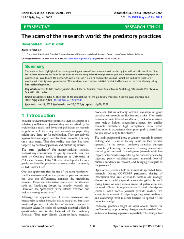(PDF) The scam of the research world: the predatory practices