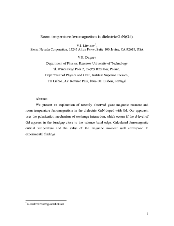 (PDF) Room-temperature ferromagnetism in dielectric GaN(Gd)
