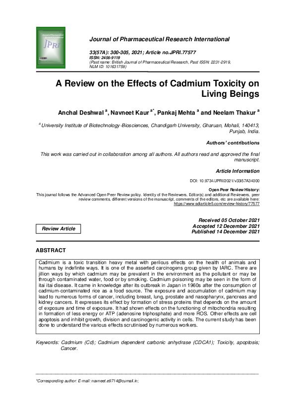 (PDF) A Review on the Effects of Cadmium Toxicity on Living Beings