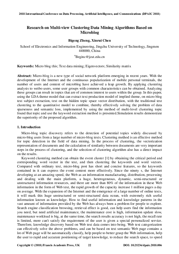 Pdf Research On Multi View Clustering Data Mining Algorithms Based On Microblog