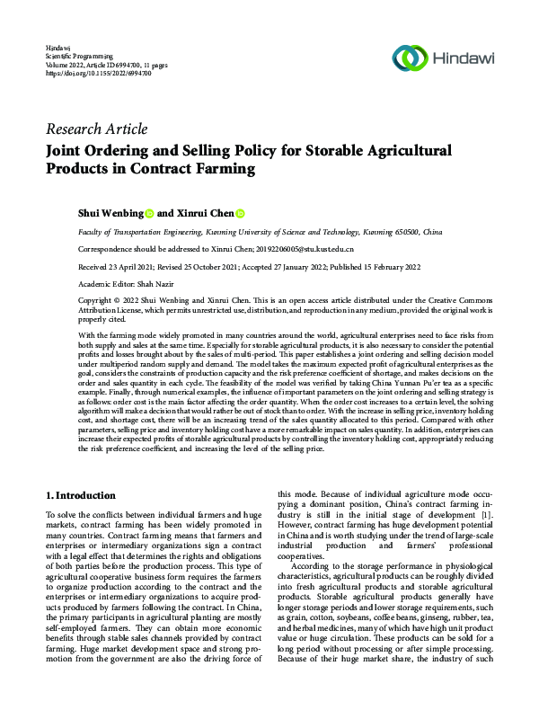 (PDF) Joint Ordering and Selling Policy for Storable Agricultural ...