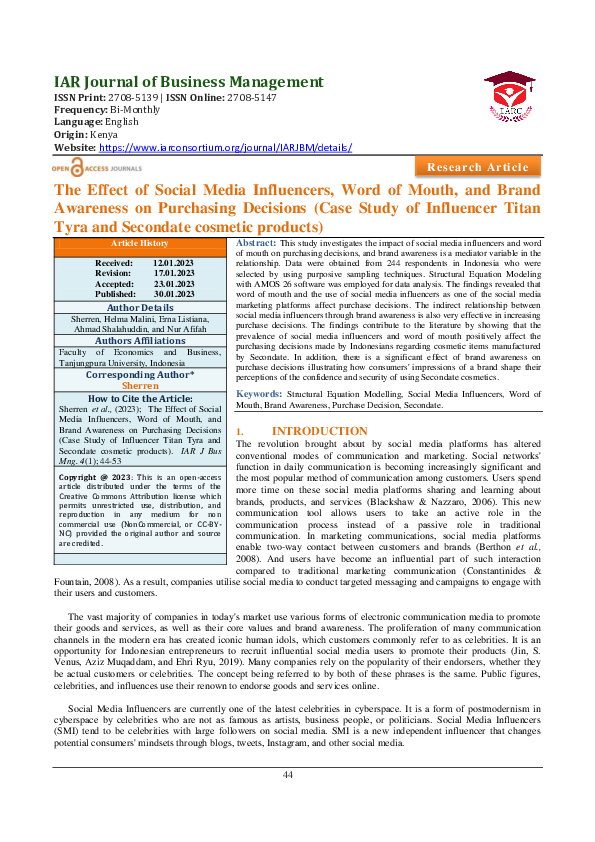 (PDF) The Effect of Social Media Influencers, Word of Mouth, and Brand ...