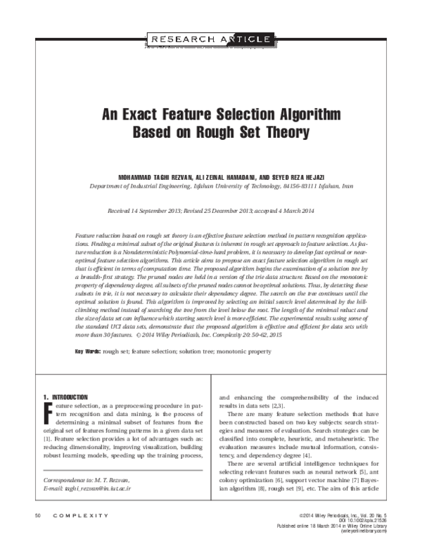Pdf An Exact Feature Selection Algorithm Based On Rough Set Theory
