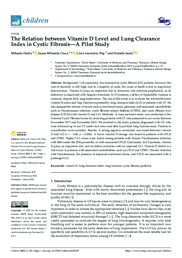 (PDF) The Relation between Vitamin D Level and Lung Clearance Index in Cystic Fibrosis—A Pilot Study