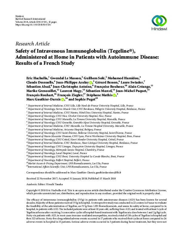 (PDF) Safety of Intravenous Immunoglobulin (Tegeline®), Administered at ...