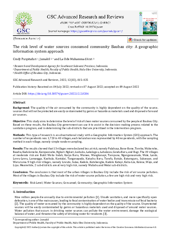 (PDF) The risk level of water sources consumed community Baubau city: A ...