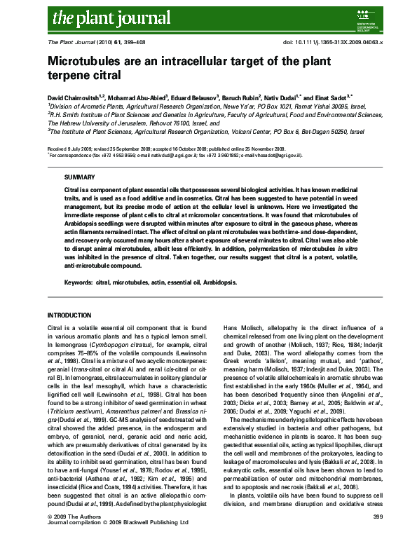 (PDF) Microtubules are an intracellular target of the plant terpene citral