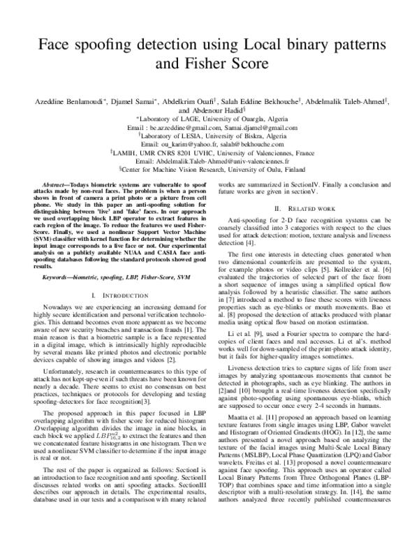 (PDF) Face spoofing detection using local binary patterns and Fisher Score