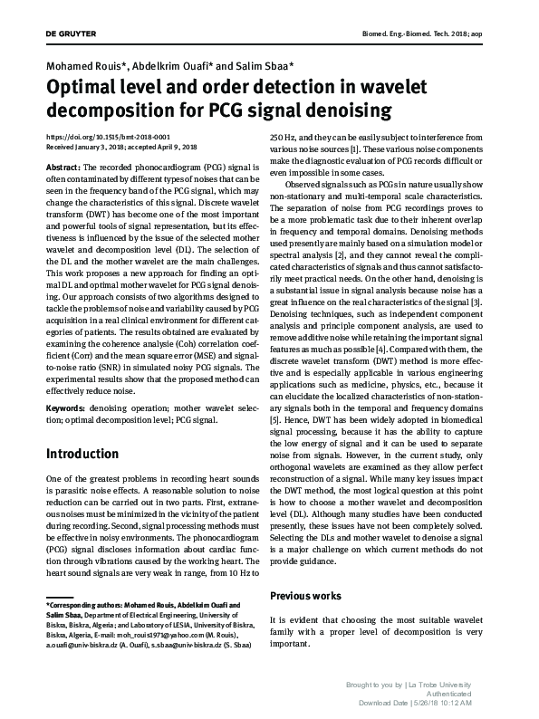Pdf Optimal Level And Order Detection In Wavelet Decomposition For