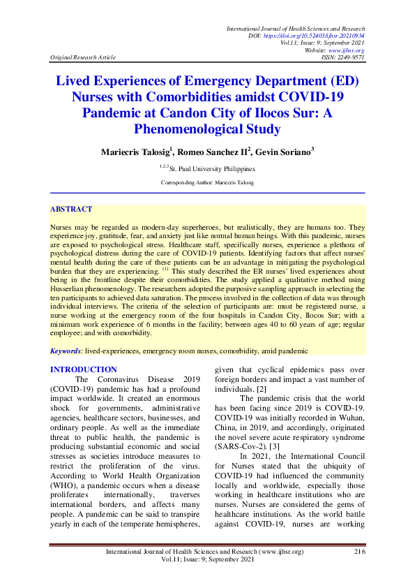 (PDF) Lived Experiences of Emergency Department (ED) Nurses with Comorbidities amidst COVID-19 ...
