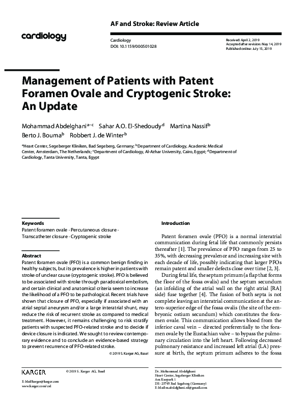 (PDF) Management of patients with patent foramen ovale and cryptogenic stroke