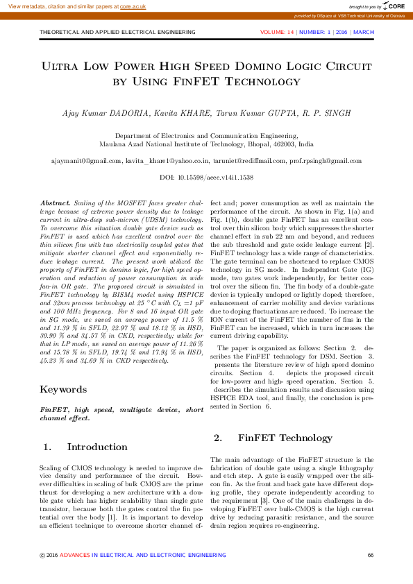 (PDF) Ultra Low Power High Speed Domino Logic Circuit by Using FinFET Technology