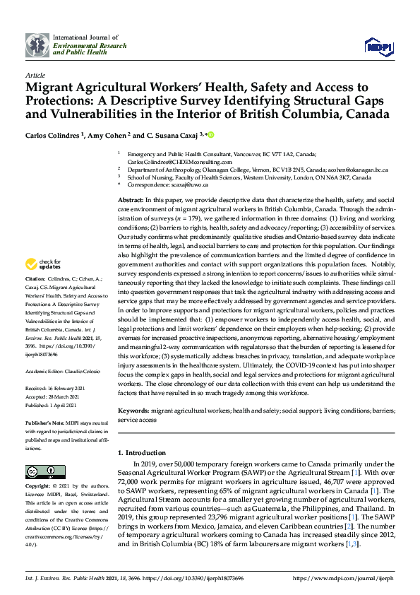 (PDF) Migrant Agricultural Workers’ Health, Safety and Access to Protections: A Descriptive ...