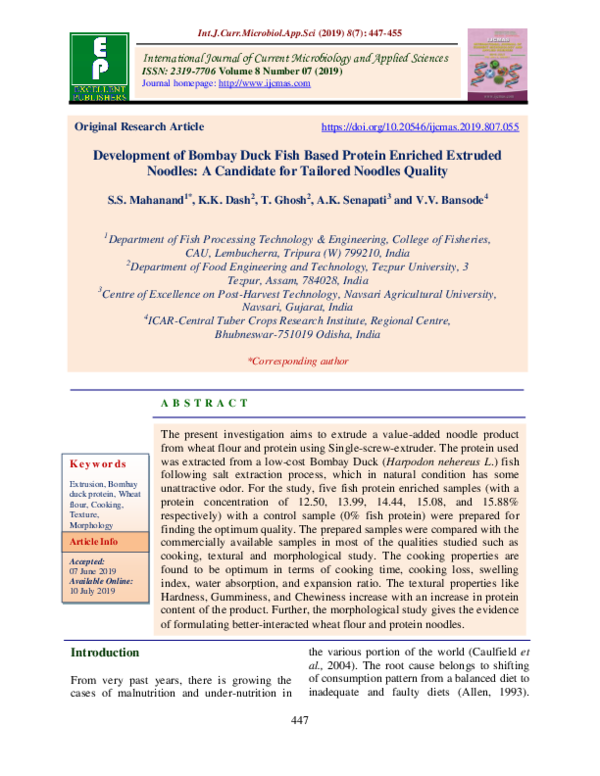 (PDF) Development of Bombay Duck Fish Based Protein Enriched Extruded ...