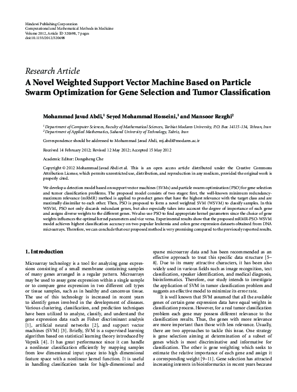Pdf Pso Weighted Svm For Gene Selection And Tumor Class 8988