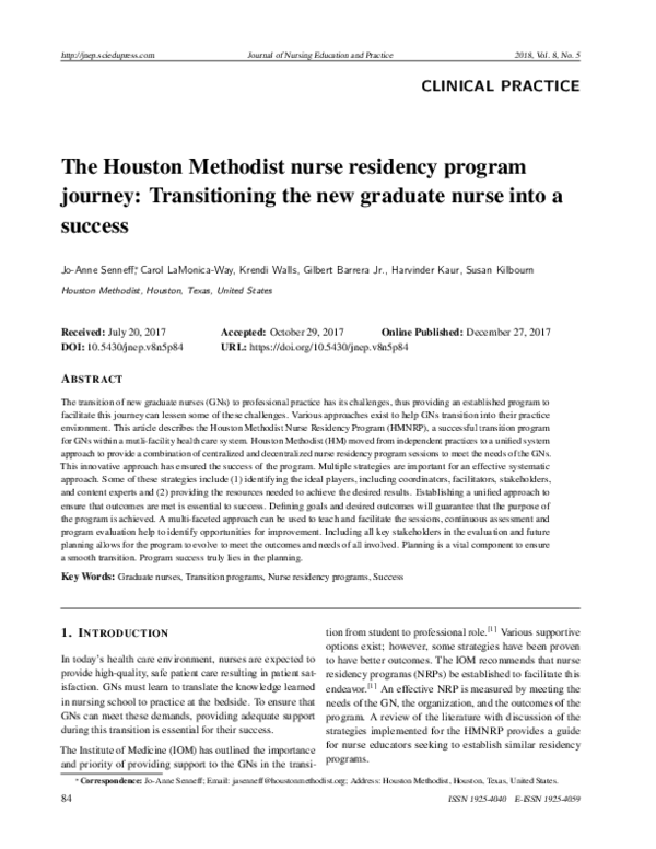 (PDF) The Houston Methodist nurse residency program journey: Transitioning the new graduate ...