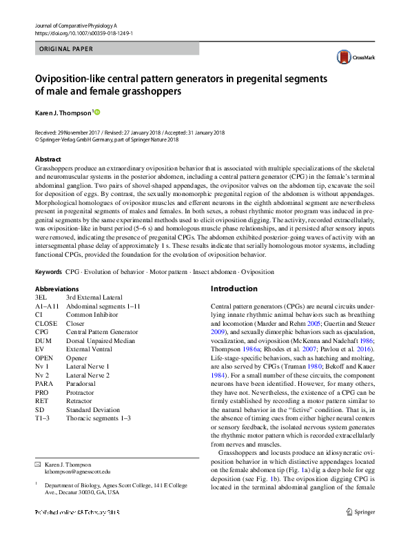 (PDF) Oviposition-like central pattern generators in pregenital segments of male and female ...
