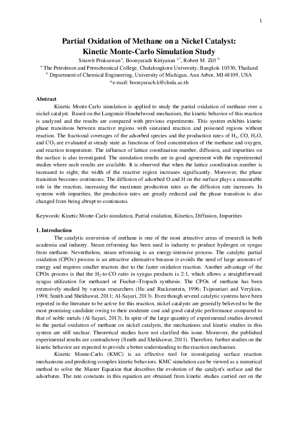 (PDF) Partial oxidation of methane on a nickel catalyst: Kinetic Monte-Carlo simulation study