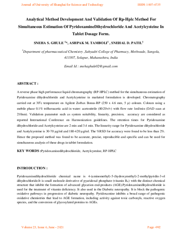 Pdf Analytical Method Development And Validation Of Rp Hplc Method For Simultaneous Estimation