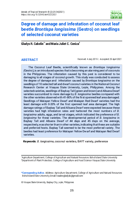 (PDF) Degree of damage and infestation of coconut leaf beetle Brontispa ...
