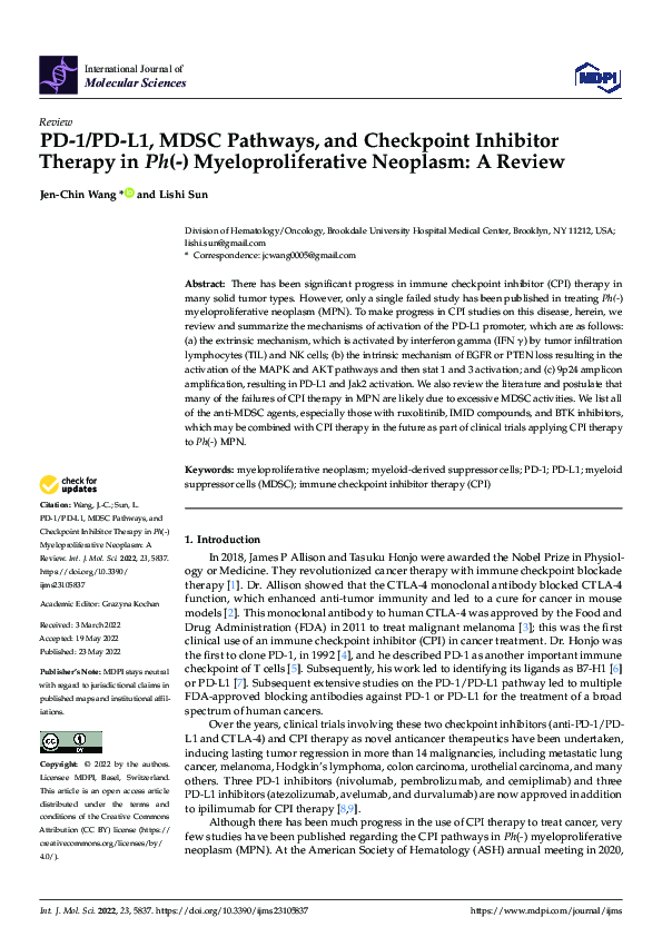Pdf Pd 1 Pd L1 Mdsc Pathways And Checkpoint Inhibitor Therapy In Ph