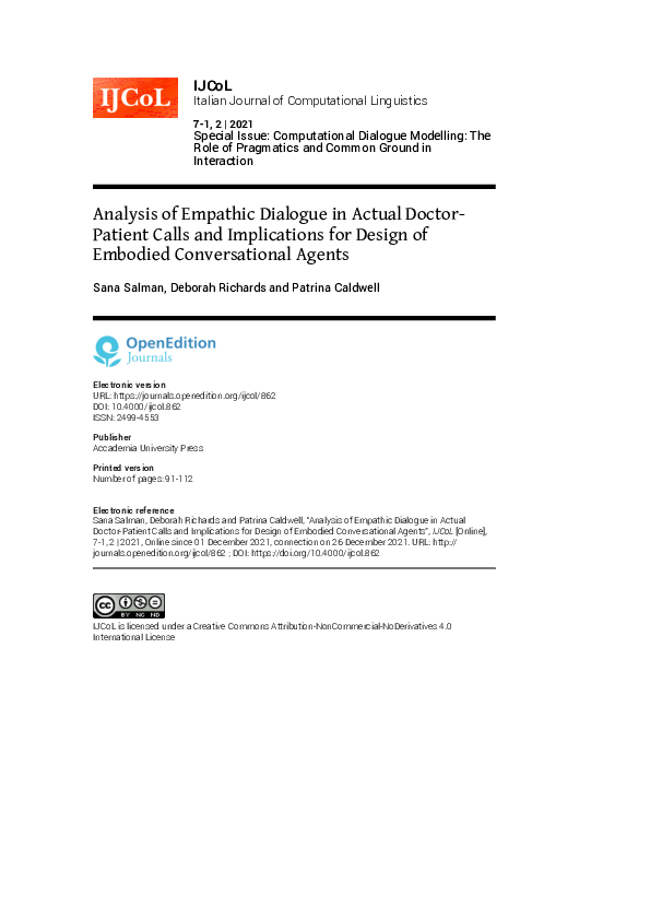 (PDF) Analysis of Empathic Dialogue in Actual Doctor-Patient Calls and Implications for Design ...
