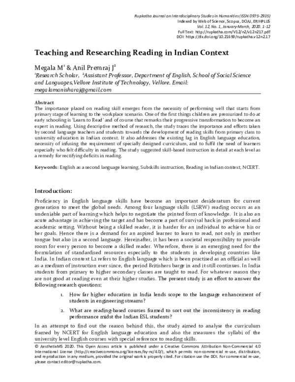 (PDF) Teaching and Researching Reading in Indian Context
