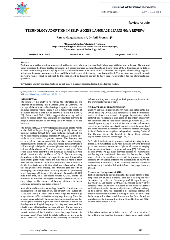 (PDF) Technology Adoption in Self- Access Language Learning: A Review